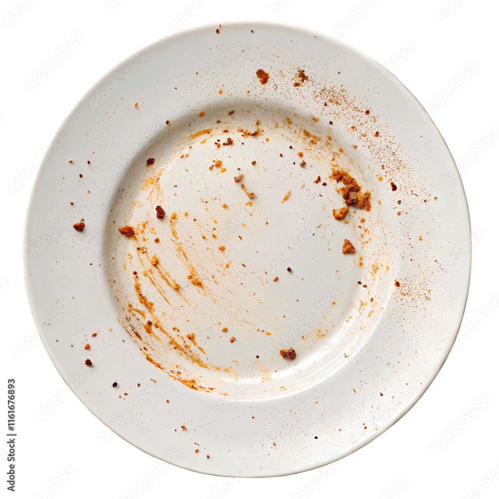 A dirty white plate with oil stains and smeared red sauce, featuring a ...