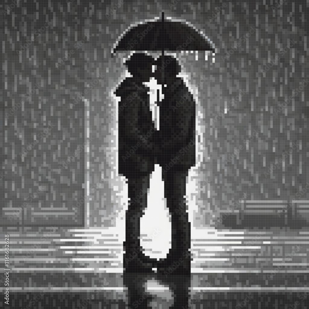 Pixel art depicting a romantic couple sharing a kiss under a rain-soaked umbrella. Stock Vector ...