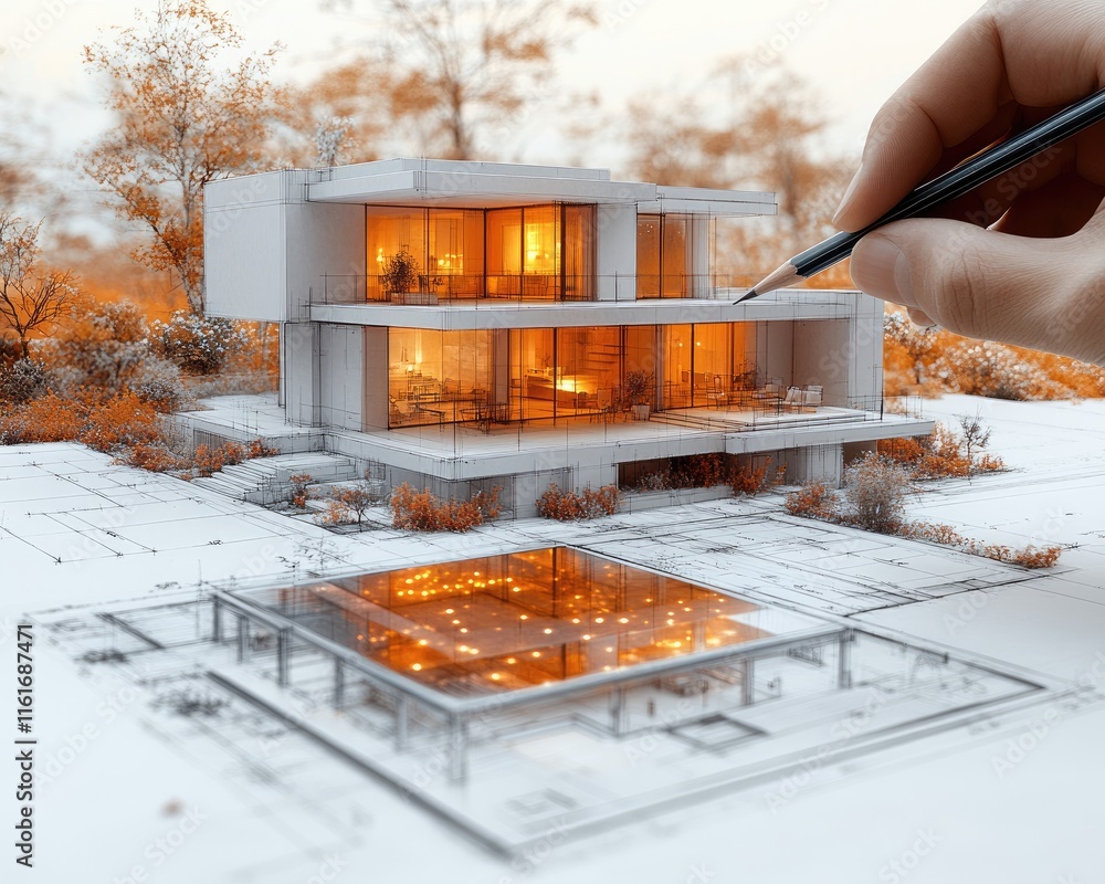 Architectural concept detail - model of house resting on architectural ...