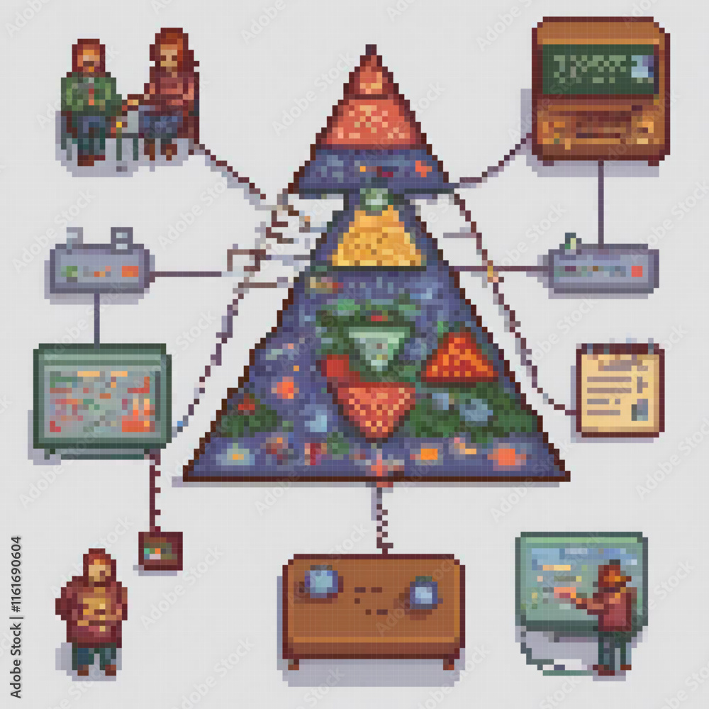 Pixel art depicting a computer systems architecture with a central ...