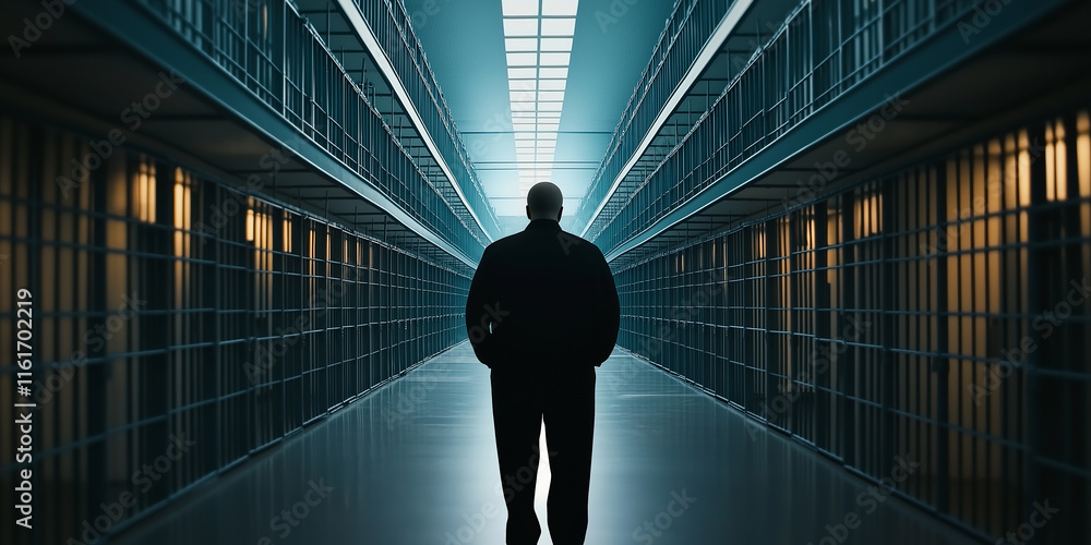 Prison guard walking along prison corridor, inspecting jail cells Stock ...