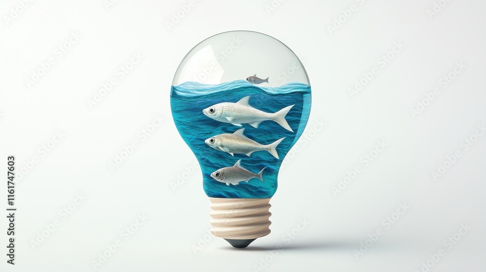 Conceptual surreal art depicting an underwater lightbulb filled with water and small fish ...
