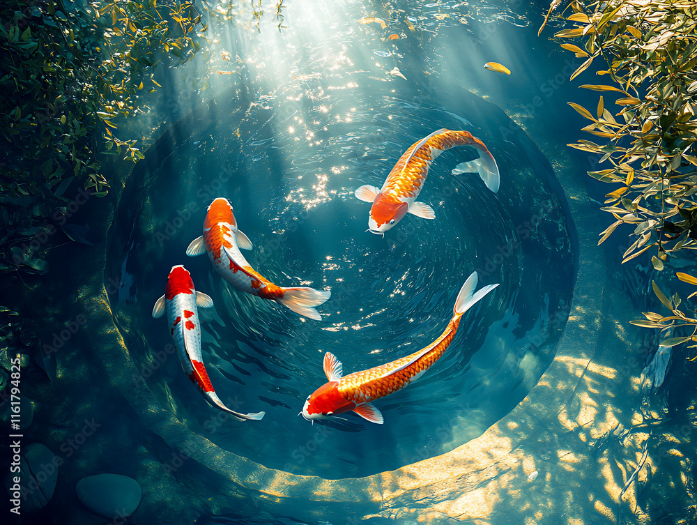 Artistic view of koi fish swimming in a circular pattern, framed by ...
