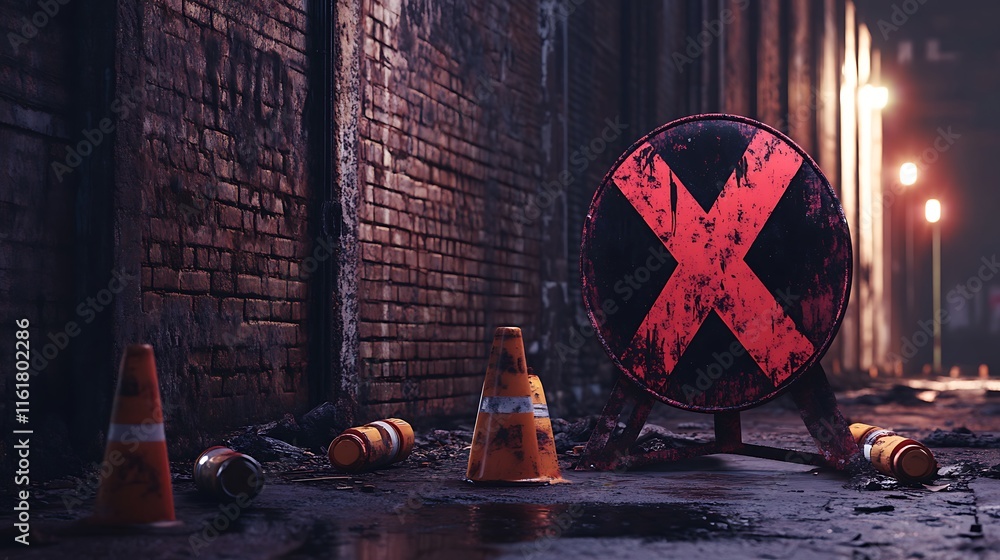 Dark alleyway blocked by a large red X sign, traffic cones, and debris ...