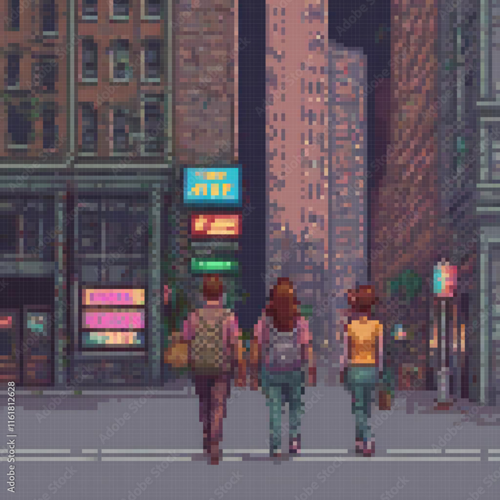 Pixel art depicting a vibrant nighttime city street scene with people ...