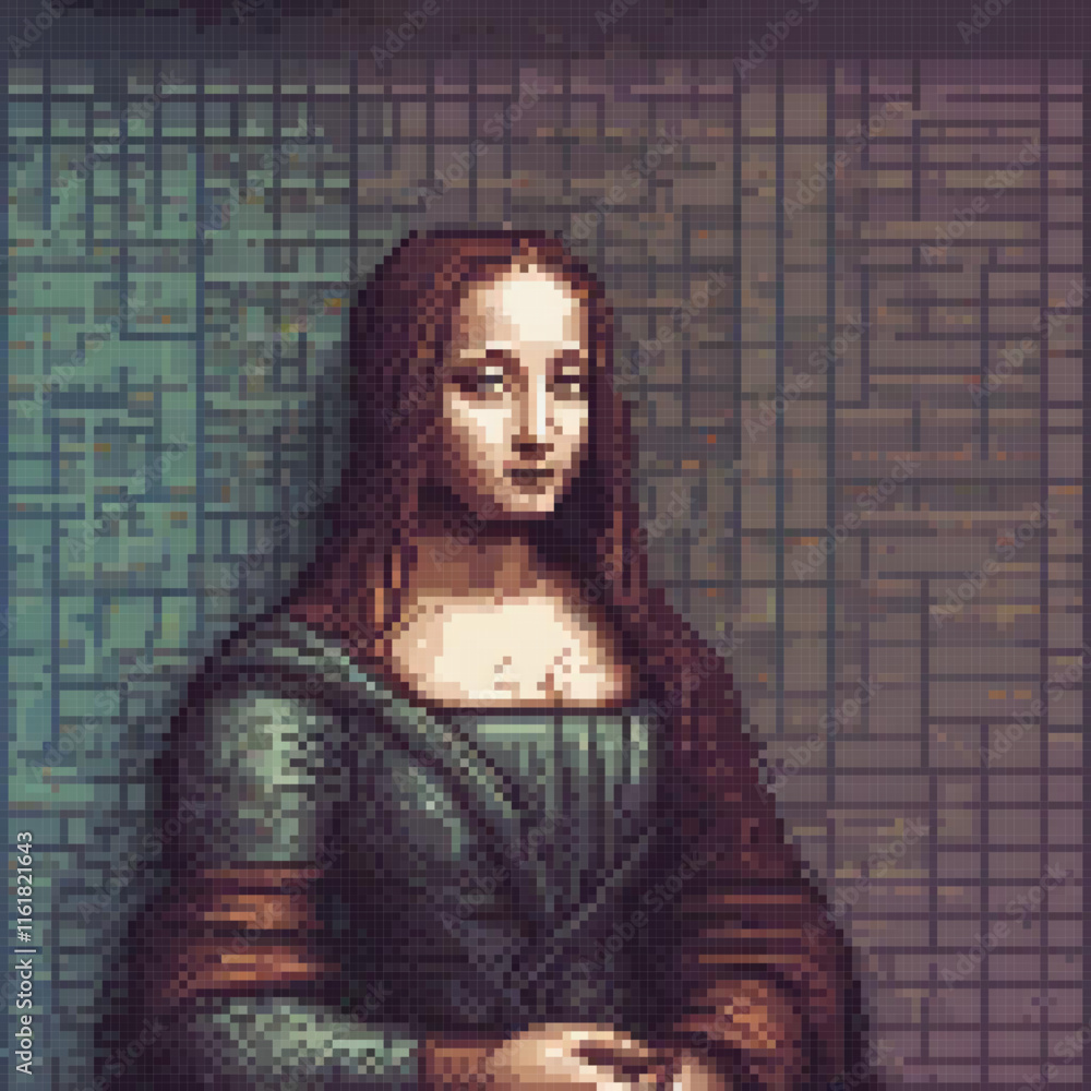 Pixel art of the iconic Mona Lisa, framed by a rustic brick wall. Stock ...