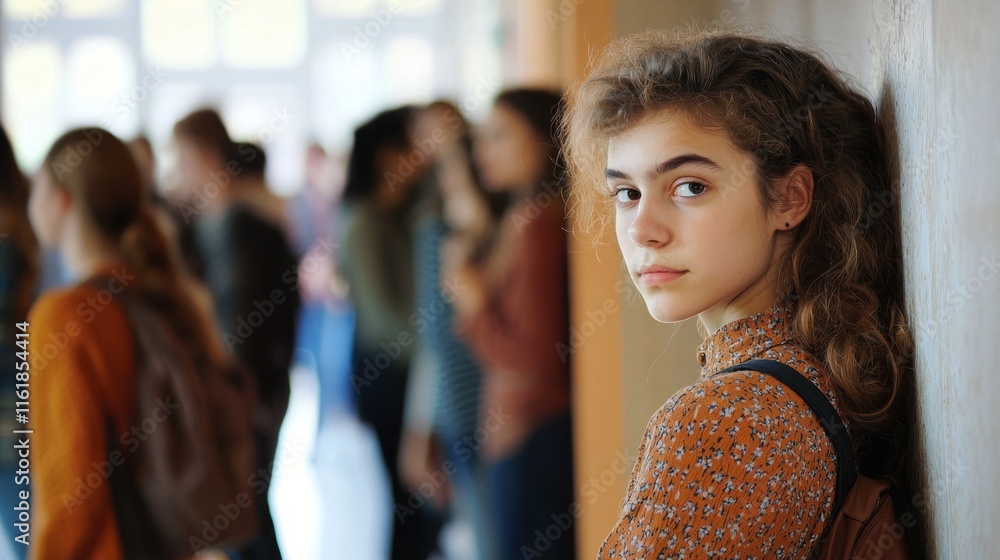 Shy teenager at a school dance, standing along the wall while observing ...