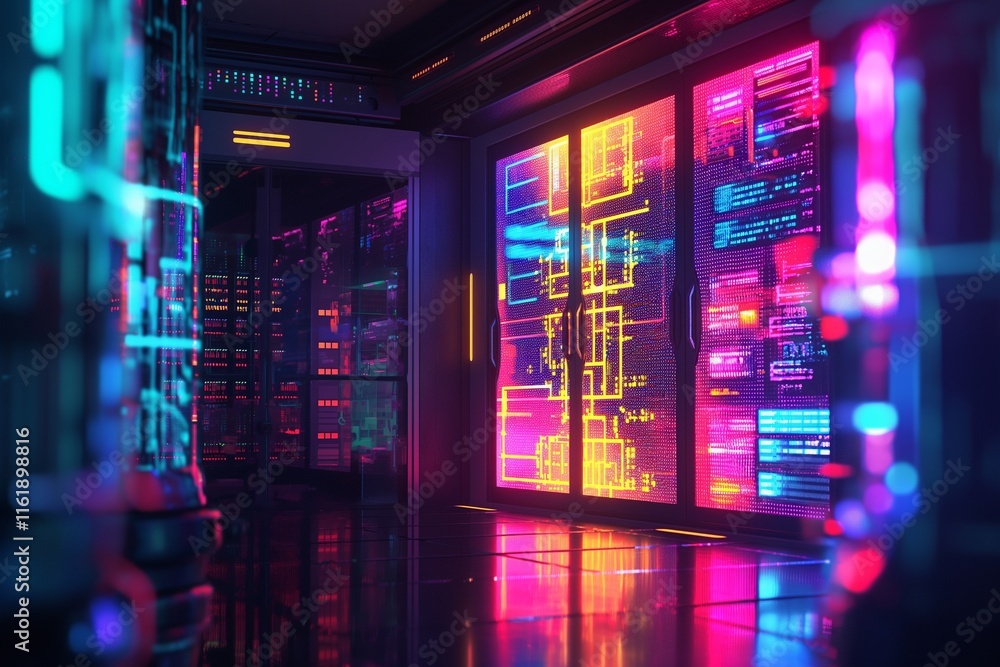 A dark, high-tech room with a holographic firewall glowing in vibrant colors, blocking malicious ...