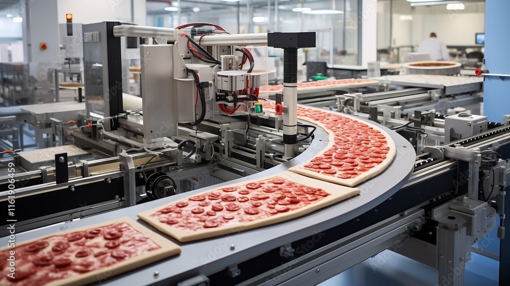 Automated assembly line for frozen pizzas featuring machines and ...