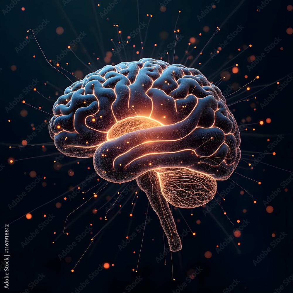 Human brain digital illustration. Electrical activity, flashes, and ...