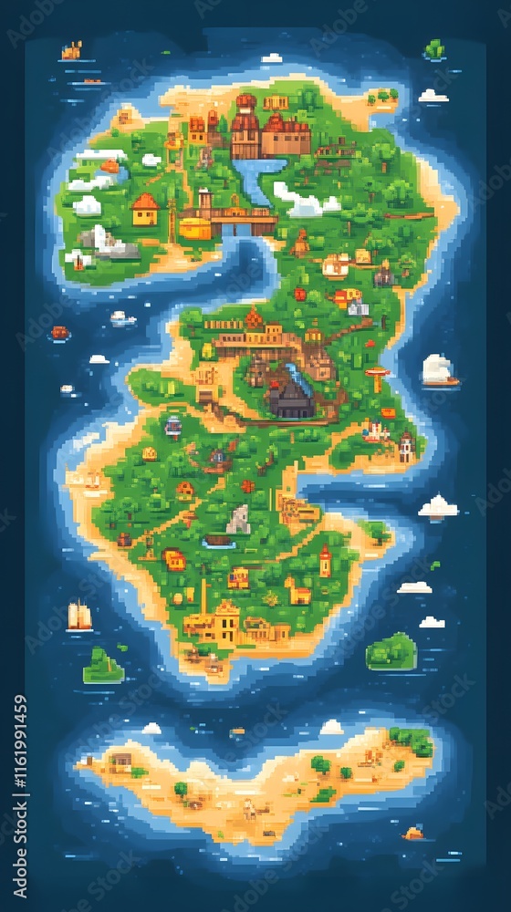 Pixel art map of a fantasy island with castles, forests, and villages ...