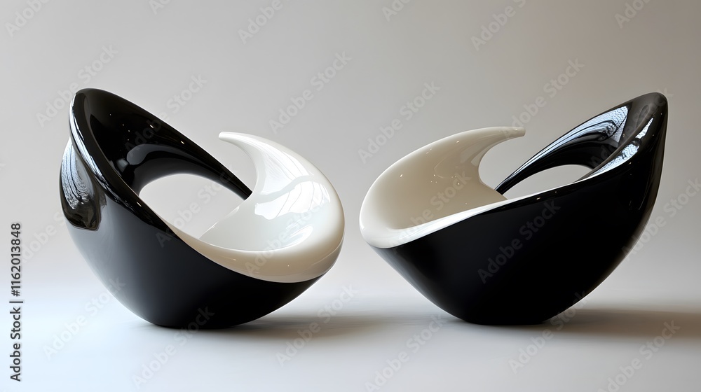 Smooth curves wrapping around sharp angular forms creating a visually ...