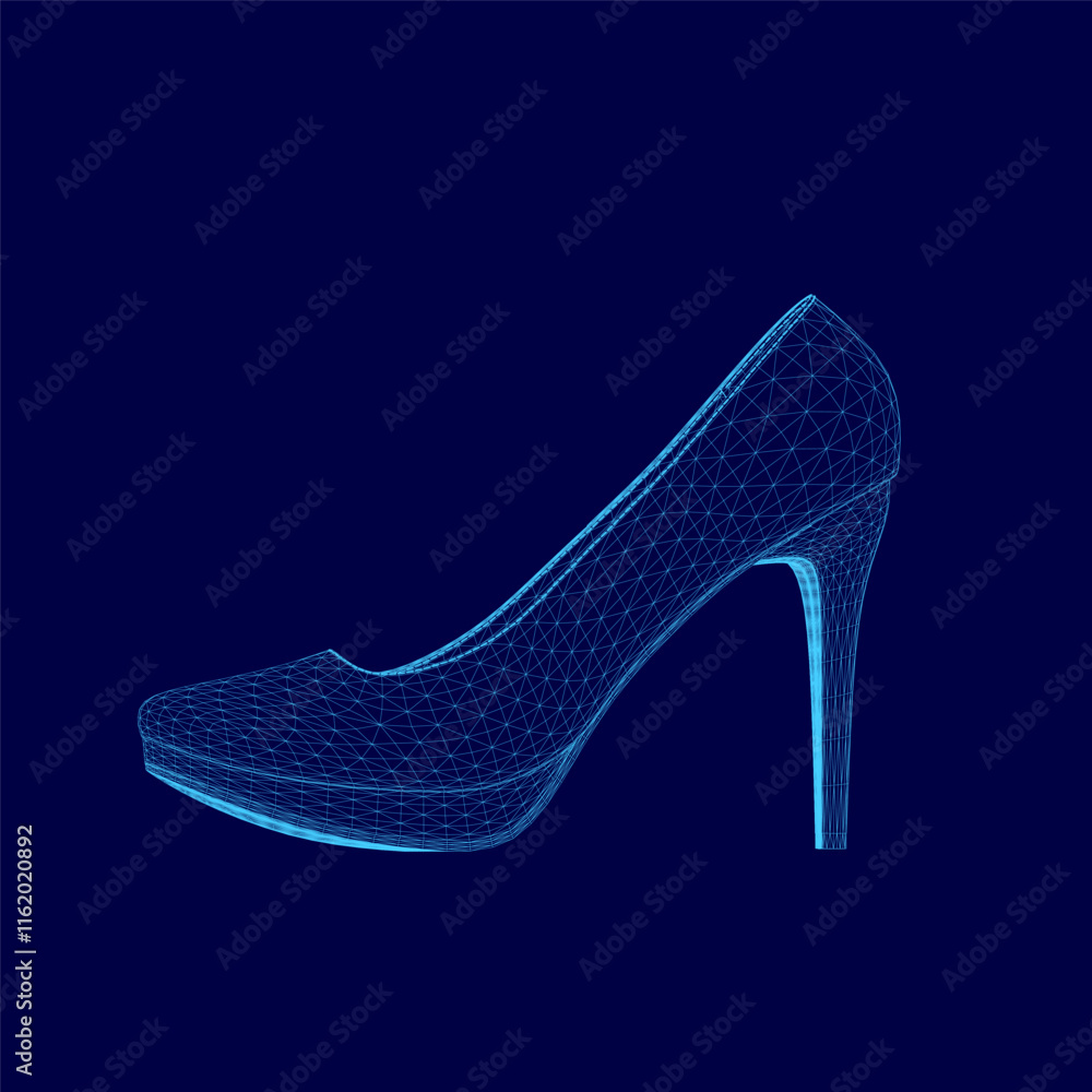 Blue shoe with a high heel and a pointed toe. The shoe is shown in a 3D ...