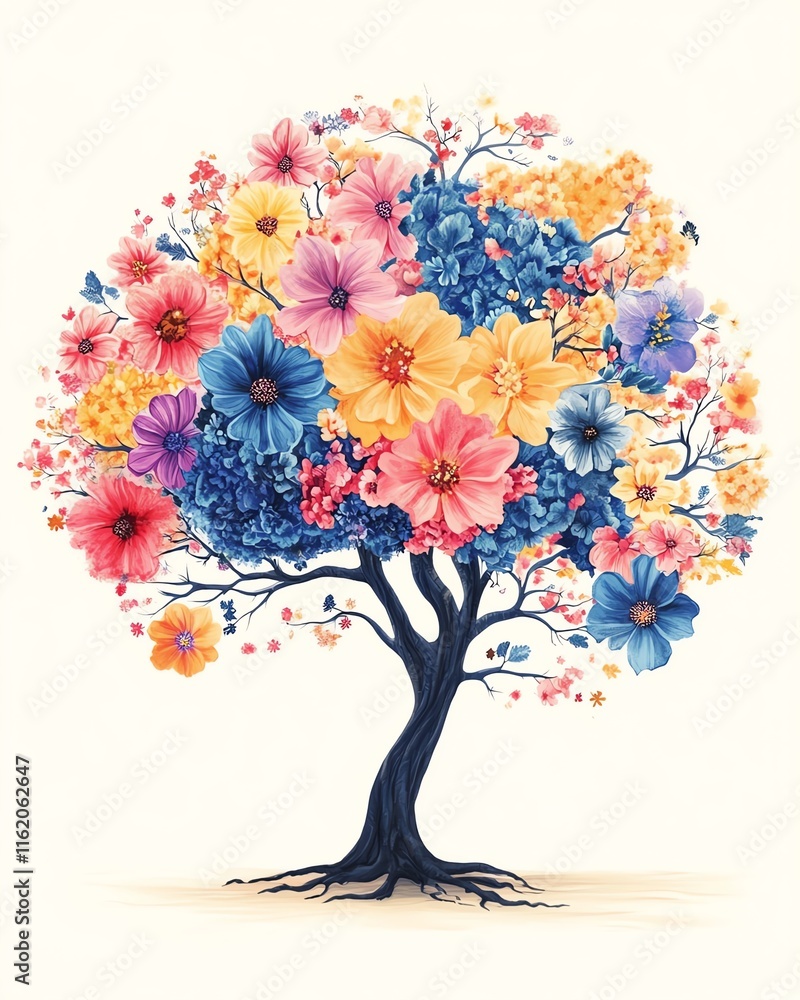 Floral brain tree with blooming flowers, symbolizing mental health ...