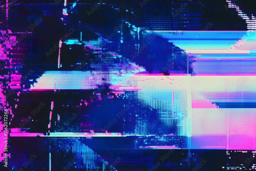 Abstract blue, mint and pink background with interlaced digital glitch ...