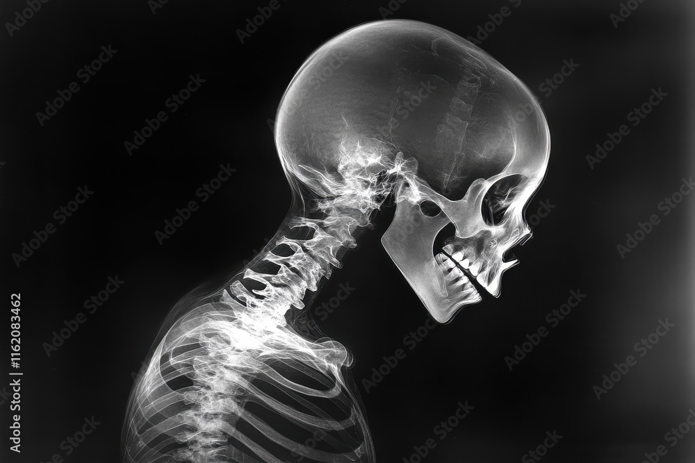 X-ray reveals a clear profile of a human skull and cervical spine ...