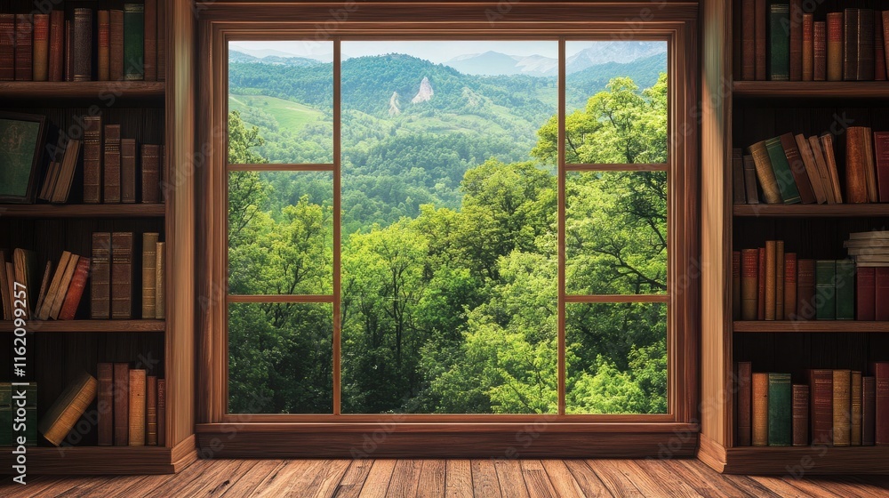 scenic bookshelf background interior home office library study window ...