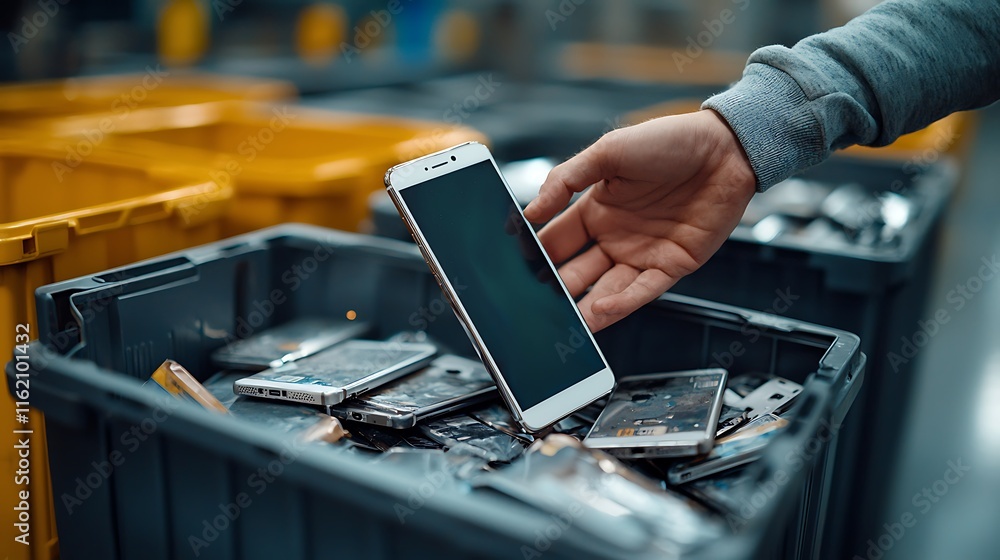 Foto de Stock Dropping an old smartphone into e-waste recycling bin ...