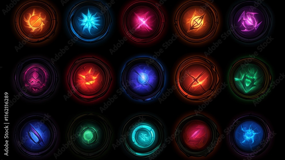 Glowing Elemental Orb Icons Game UI Design Assets Stock Illustration ...