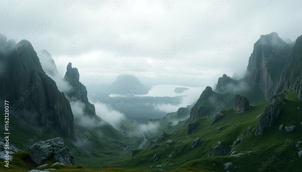 Mystical Mountain Landscape with Rolling Fog in Green Valley during ...