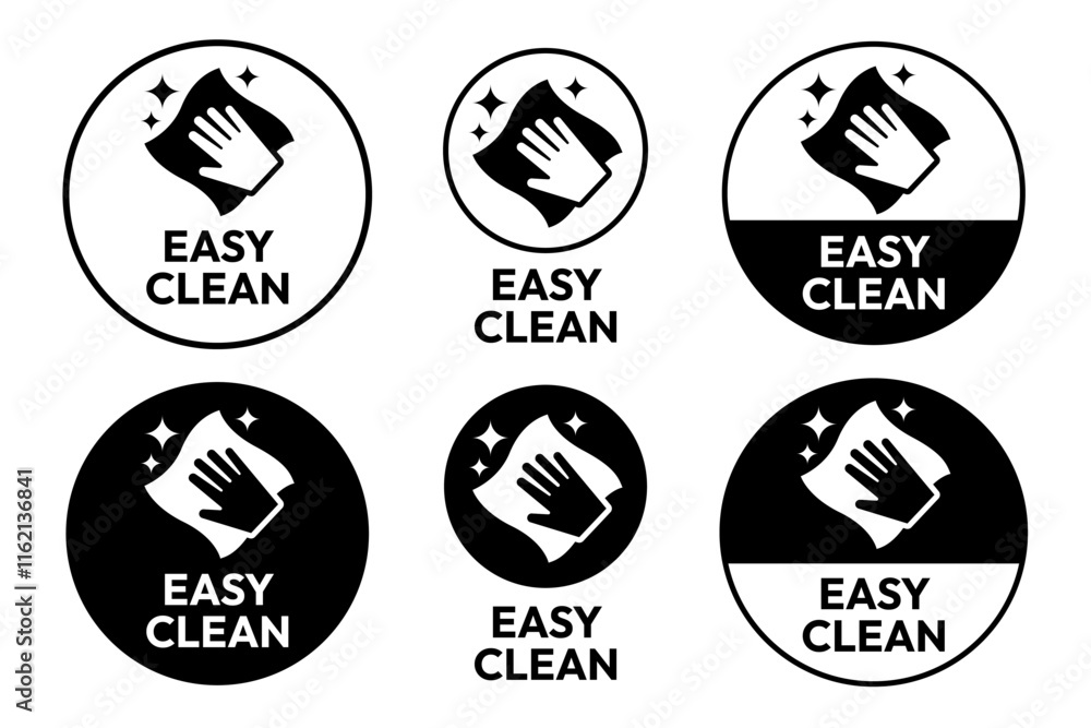 Easy clean icon set. Hand with napkin wiping a surface. Housekeeping ...