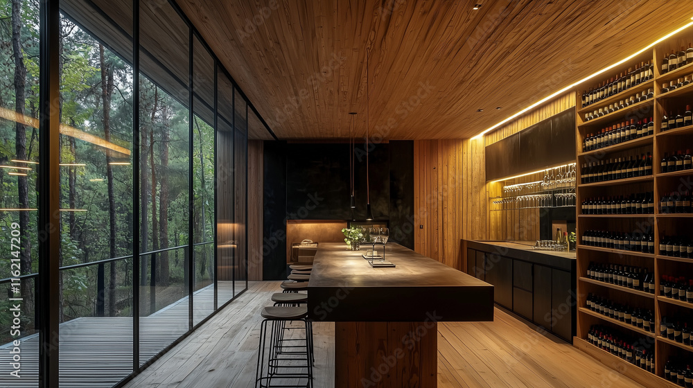 Cave à vin moderne et luxueuse dans une maison en bois entourée de ...