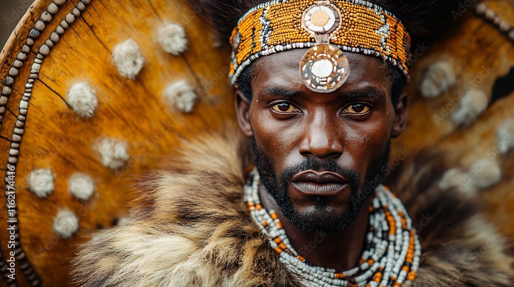 Zulu warrior from the early 19th century in beadwork and carrying a ...