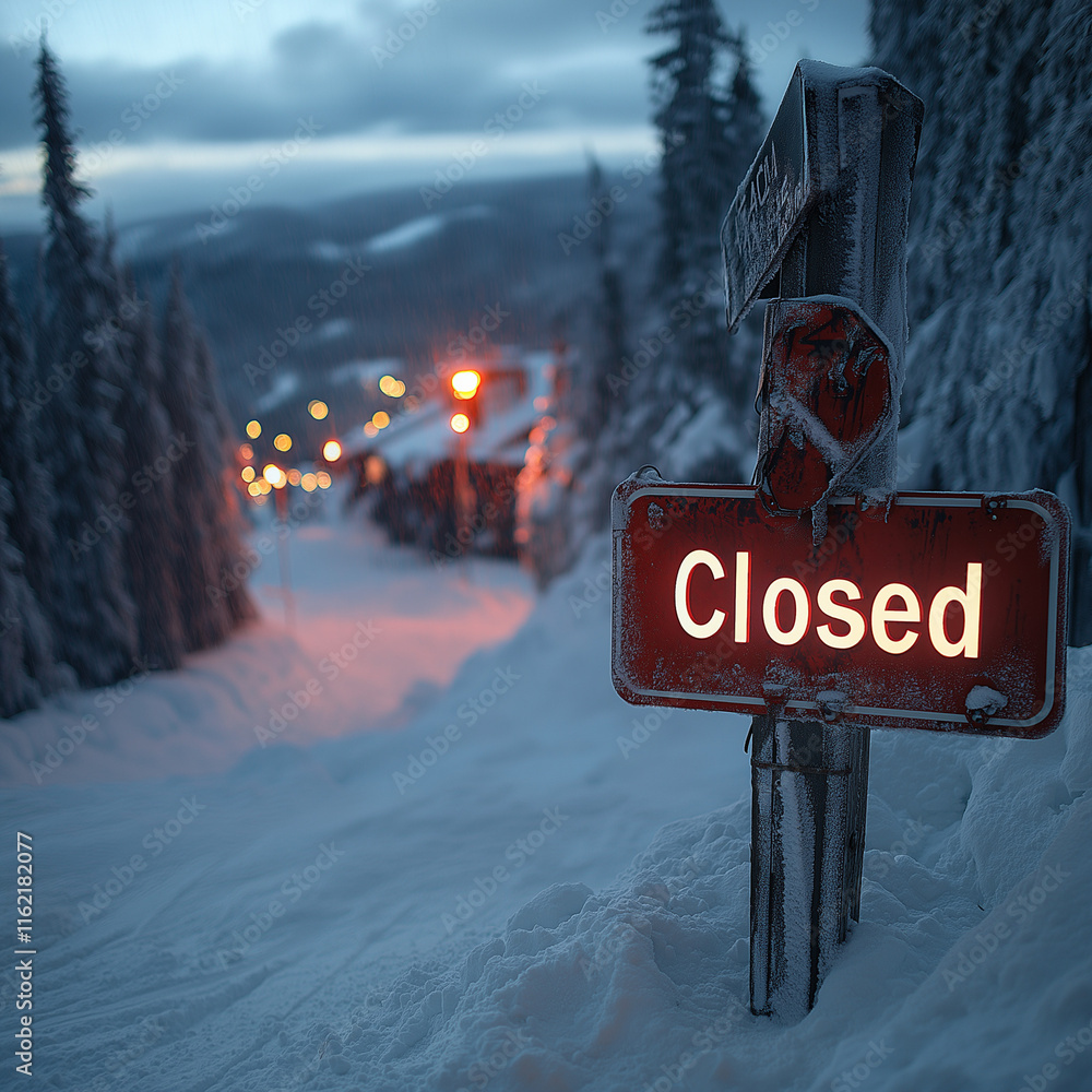 "Closed" sign covered in snow along dimly lit ski slope with frosty ...