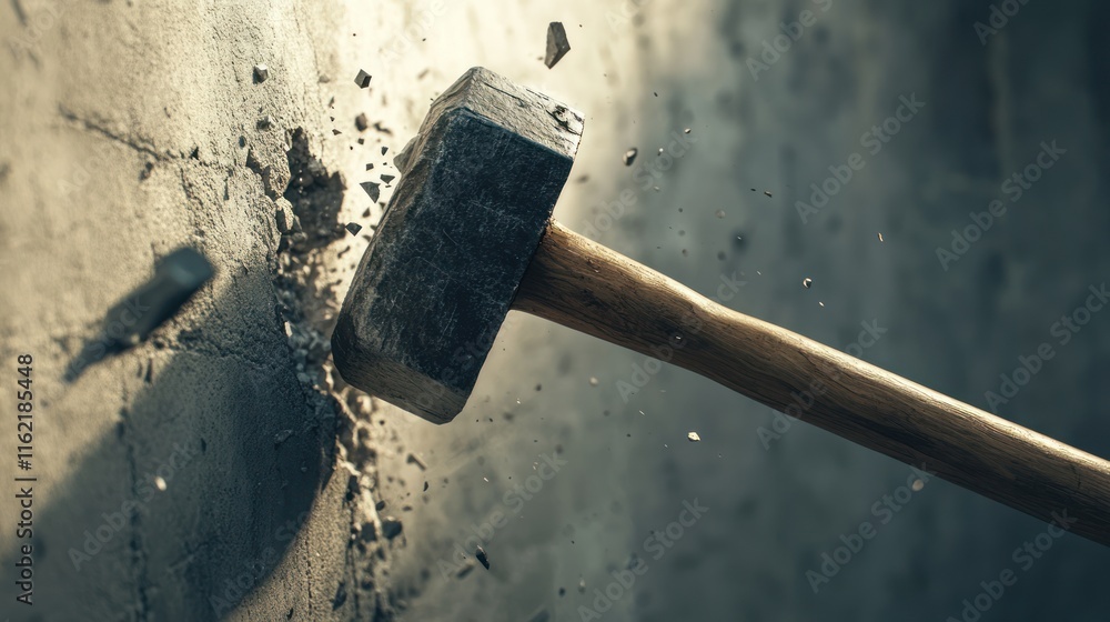 Sledgehammer smashing concrete wall. Stock Photo | Adobe Stock