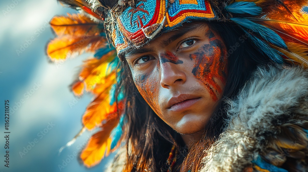 Incan warrior from the 16th century in colorful feathered armor with a ...