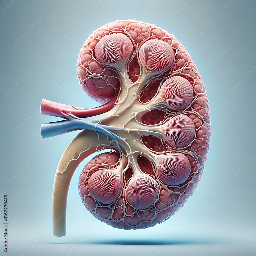 Cross-section view of a human kidney with detailed internal structure ...