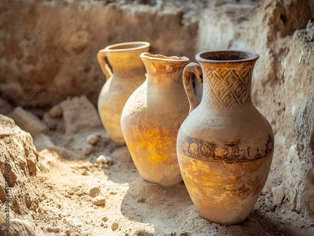 Archaeological ancient clay vases and amphoras of different shapes with ...