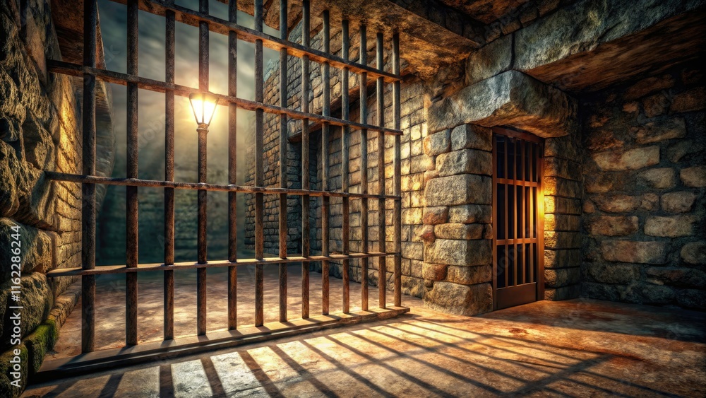 Medieval dungeon: iron gate, security grille, captive's perspective ...