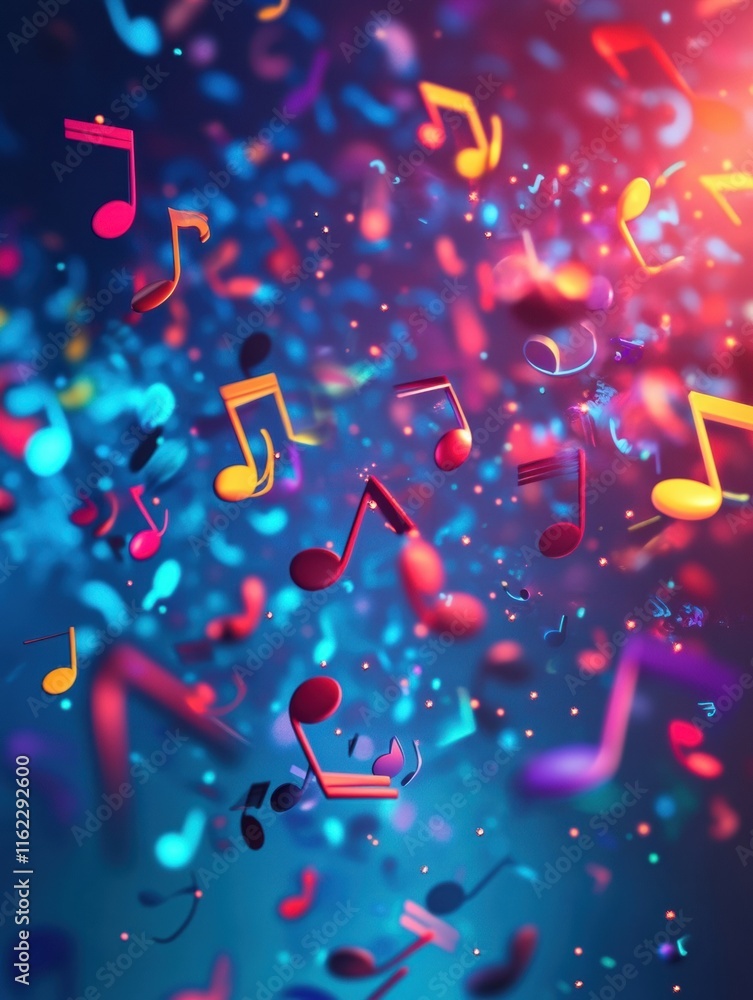 Colorful 3D music notes floating in vibrant patterns create a lively ...