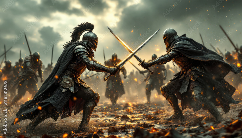 4k HD Wallpapers of The image depicts a scene of medieval battle, with armored knights engaged ...