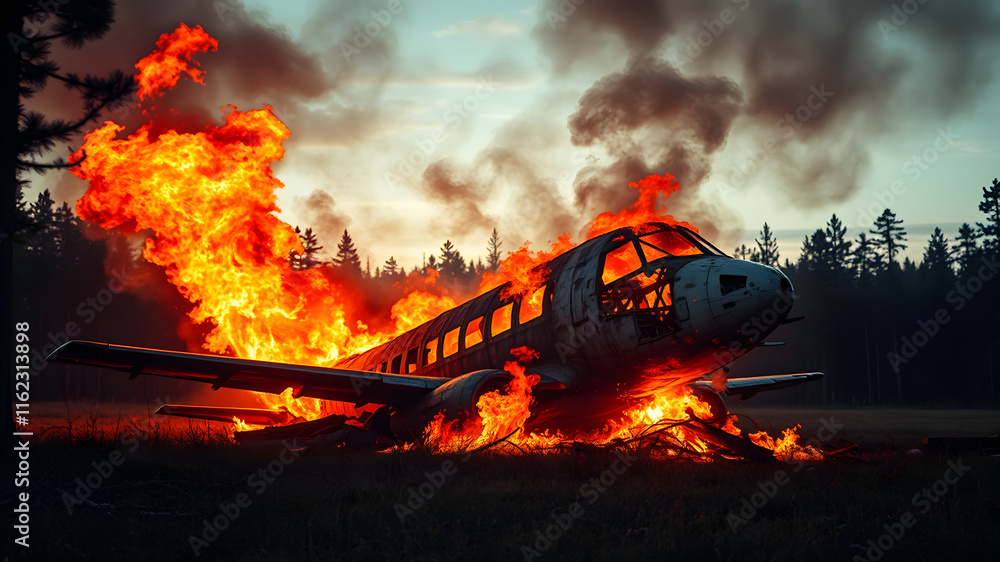 Plane Crash Fire Engulfs Forest Stock Photo | Adobe Stock