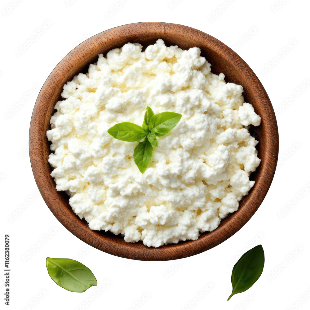 Cottage cheese, curd in wooden bowl, top view isolated on transparent ...