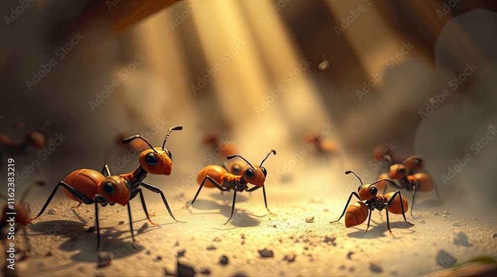 A lovely digital painting of an ant colony under attack with volumetric ...