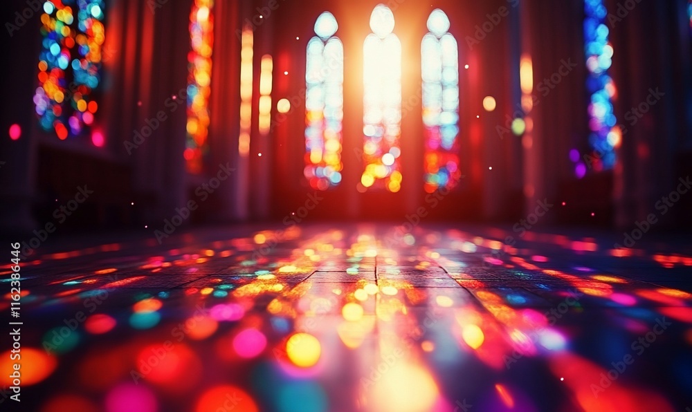 Colorful stained glass window light illuminating church floor. Stock ...