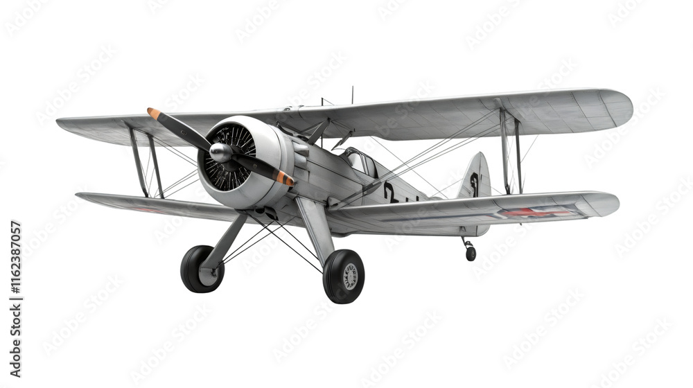 Vintage military biplane flying with spinning propeller, isolated on ...