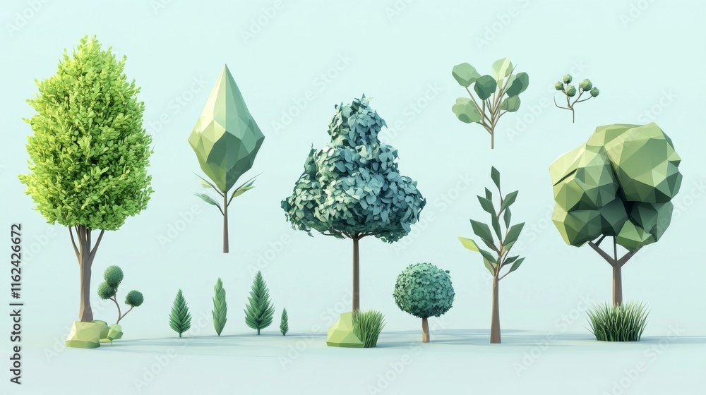 12.Low-poly vector illustration of various shrubs, featuring simplified ...