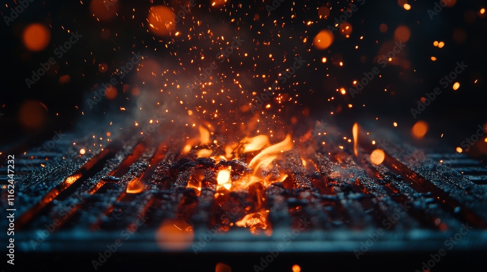 blazing barbecue grid, leaping fire tongues, hot metal grates, flying ...