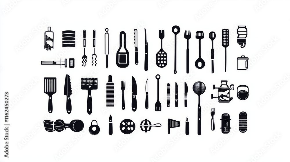 Modern BBQ accessories pictograms, simplified cooking tools collection ...