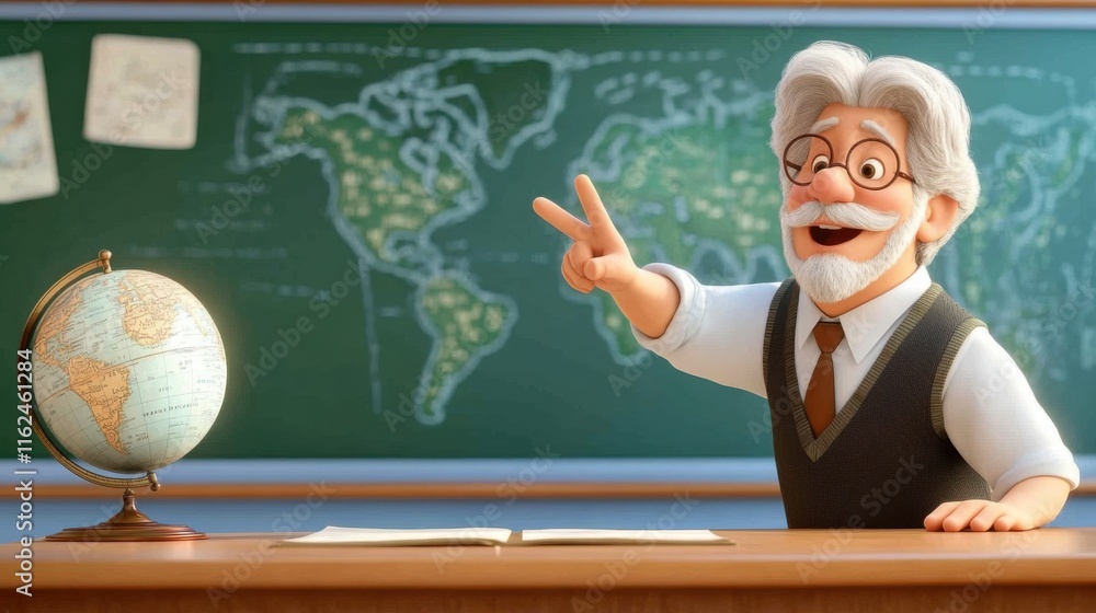 Animated history classroom with teacher explaining timeline and maps in ...