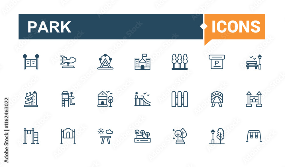 Park icon set. It contains symbols to travel, camp, urban, playground ...