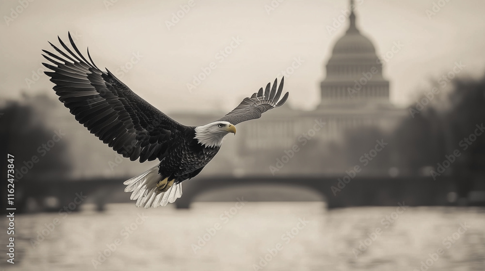 A bald eagle gracefully flies above a river, showcasing its majestic ...
