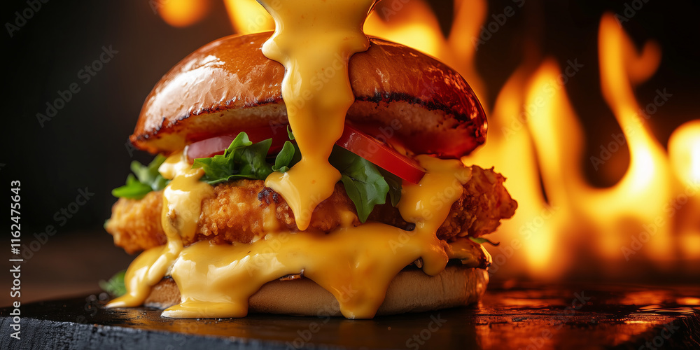 Crispy chicken burger sandwich with dripping pouring cheddar cheese ...