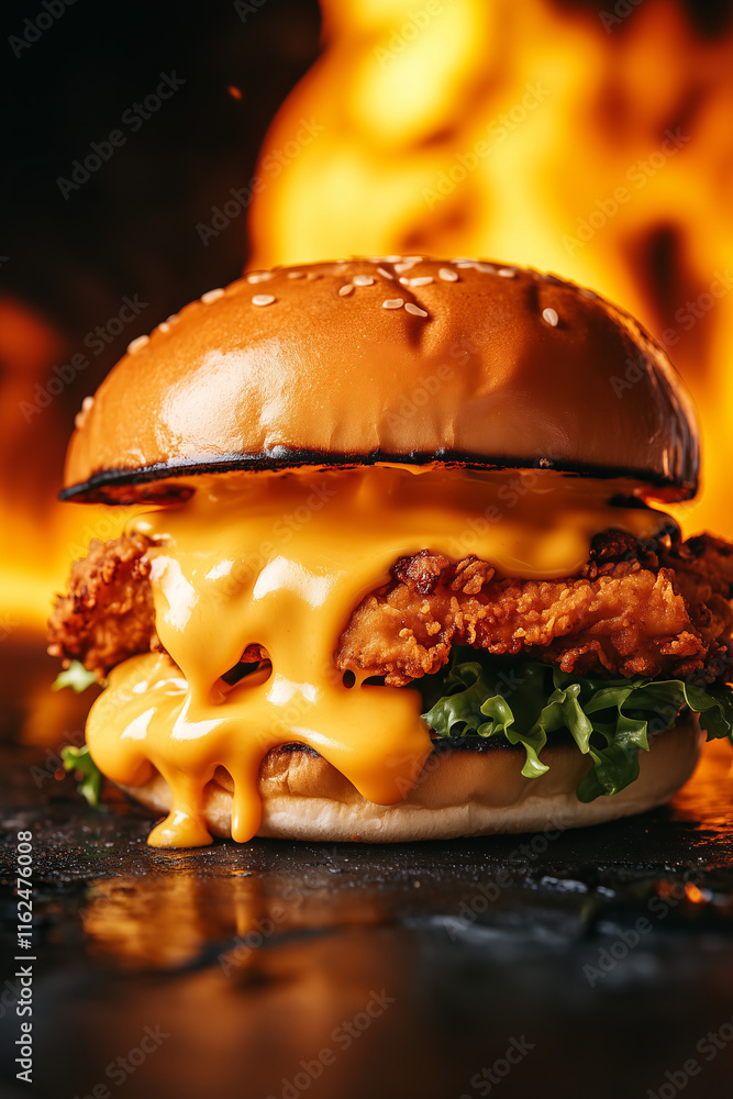 Crispy chicken burger sandwich with dripping pouring cheddar cheese ...
