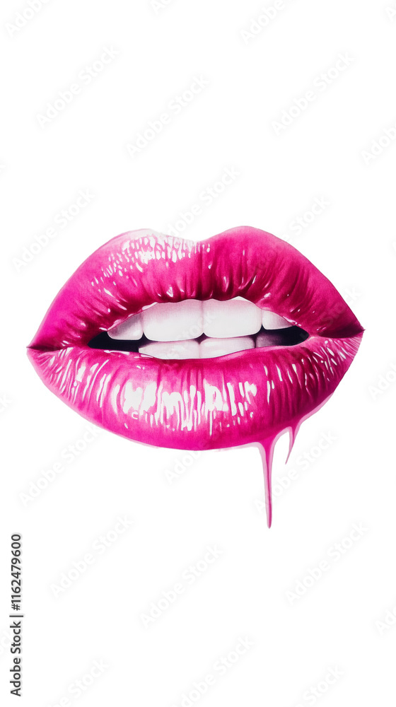 Close-up of glossy pink dripping lips biting lower lip on transparent ...
