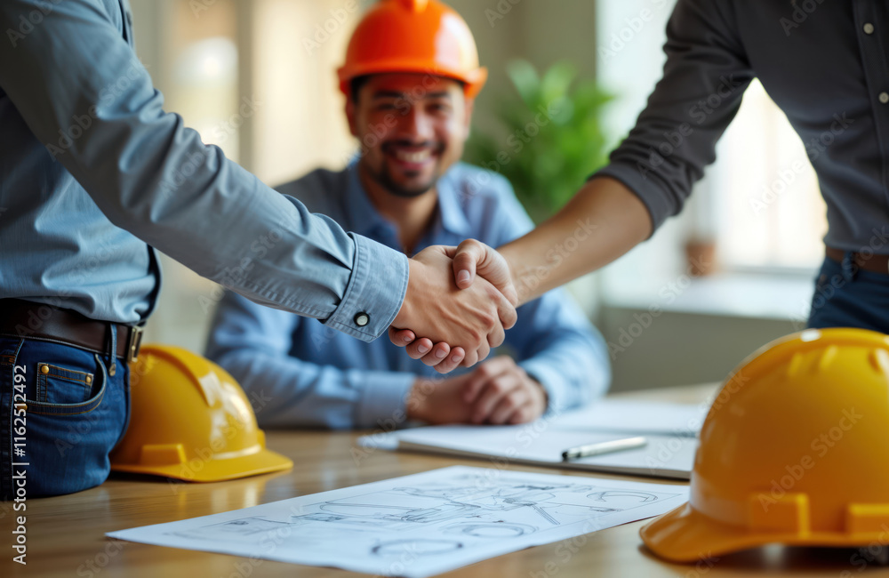 Happy Asian construction team shakes hands at office after successful ...